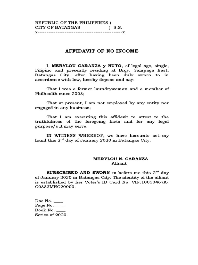 Affidavit of No Income Philhealth | PDF