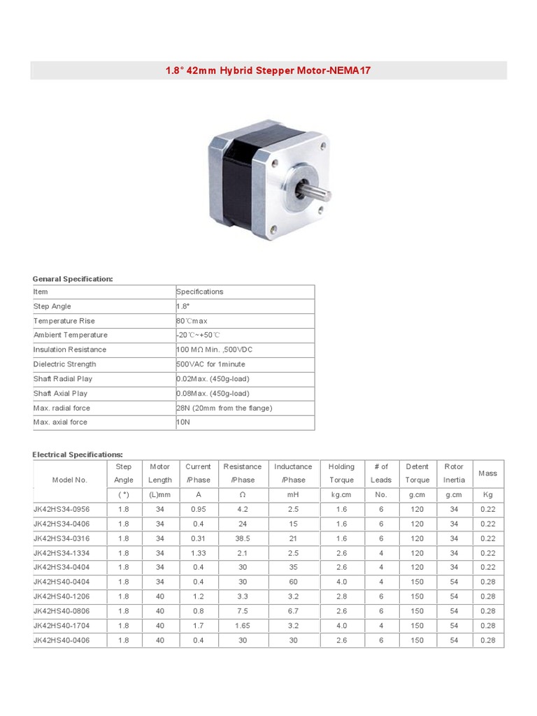 1.8° 42mm Hybrid Stepper Motor-NEMA17: Genaral Specification | PDF ...