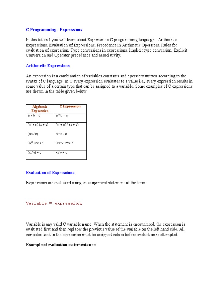 C Programming - Expressions Types | PDF | Integer (Computer Science ...