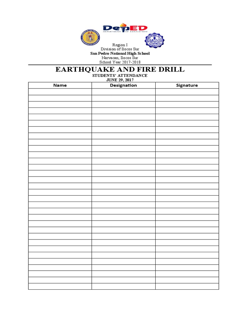 Earthquake and Fire Drill: Name Designation Signature | PDF