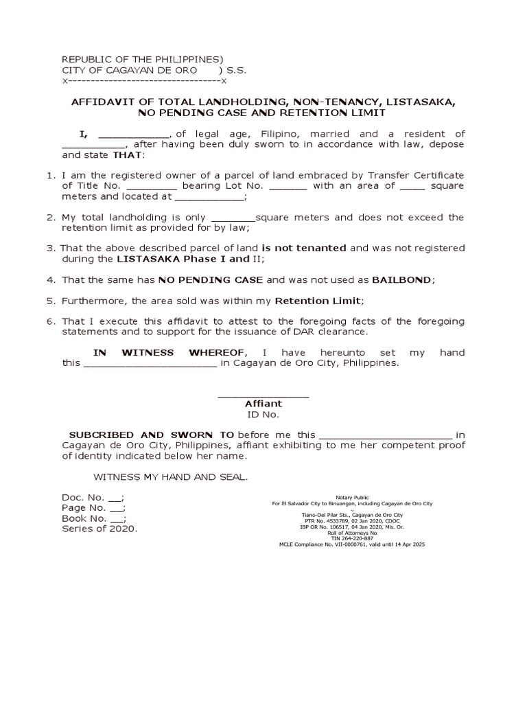 Affidavit of Total Landholdings | PDF | Affidavit | Document