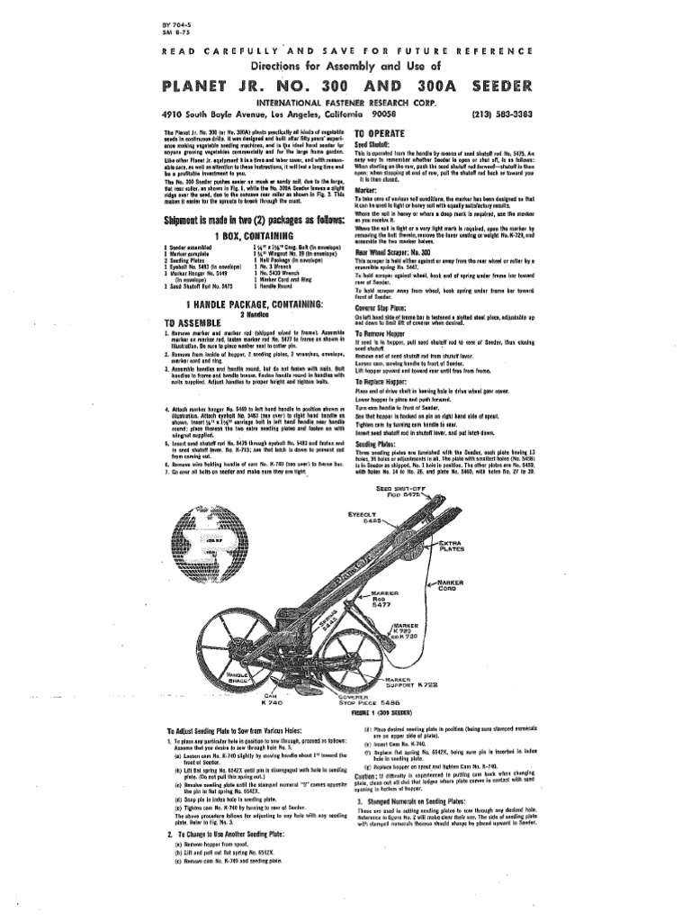 Planet JR 300 300A Instructions and Parts Breakdown | PDF