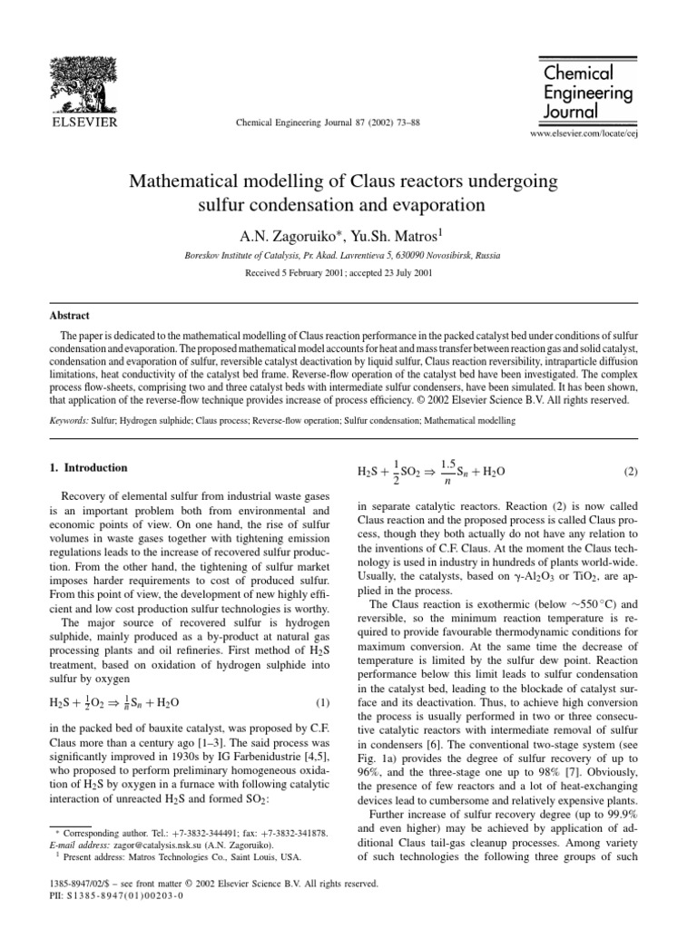 Mathematical Modelling of Claus Reactors Undergoing Sulfur Condensation ...