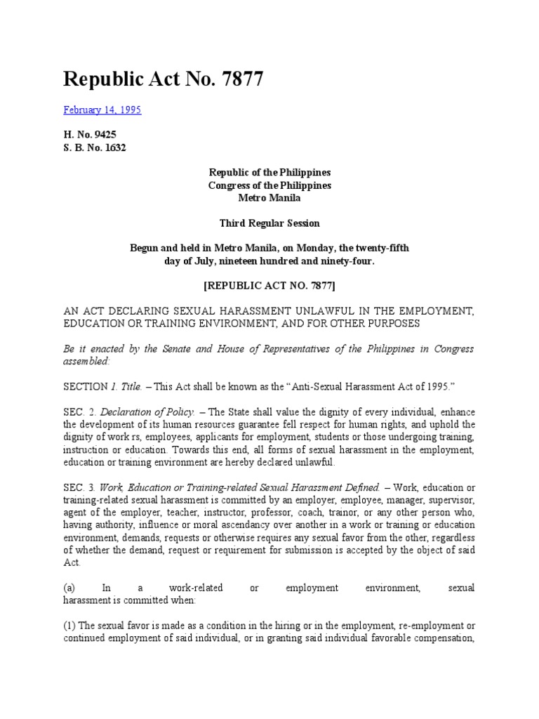 Republic Act 7877 | Download Free PDF | Sexual Harassment | Employment