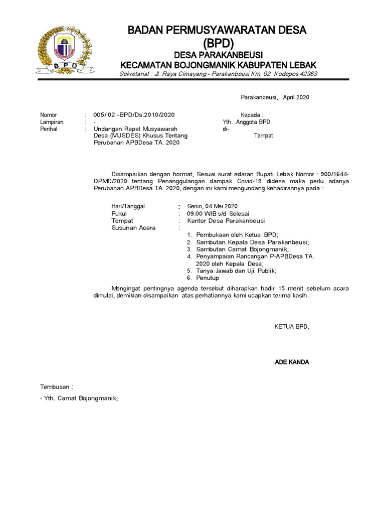 Undangan Musdes Perubahan APBDesa 2020 | PDF