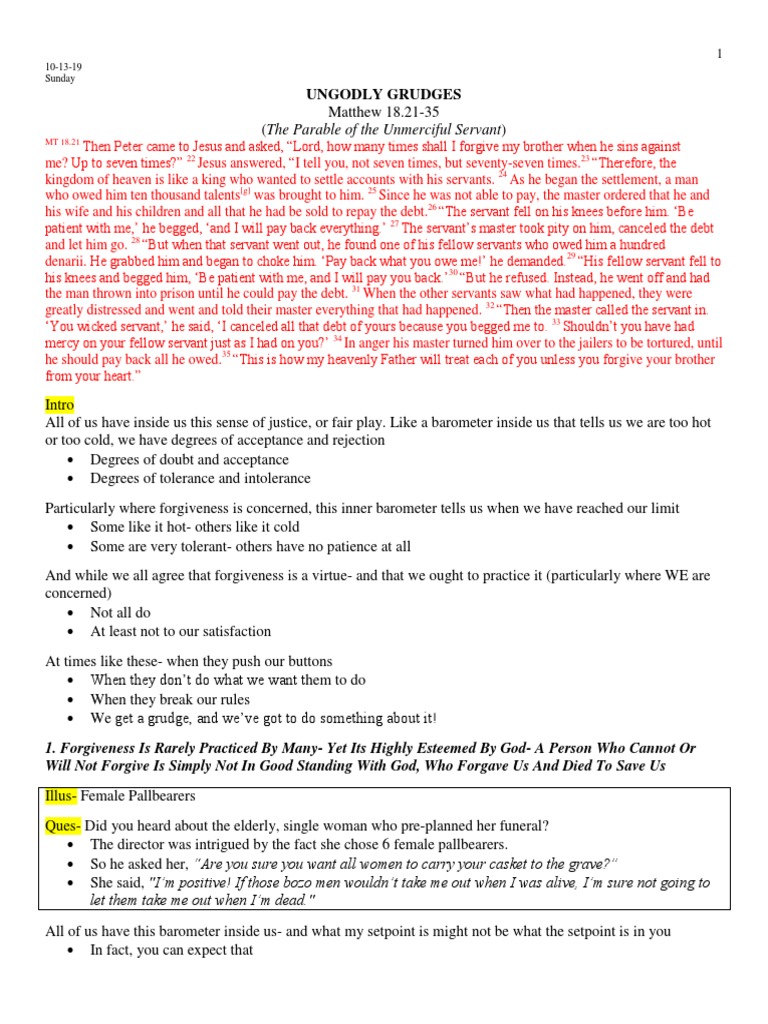 10-13-19 - Matthew 1821-35 - Ungodly Grudges - The Parable of The ...