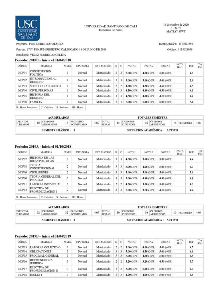 CERTIFICADO HISTORICO DE NOTAS uNIVERSIDAD SANTIAGO DE CALI PDF | PDF ...