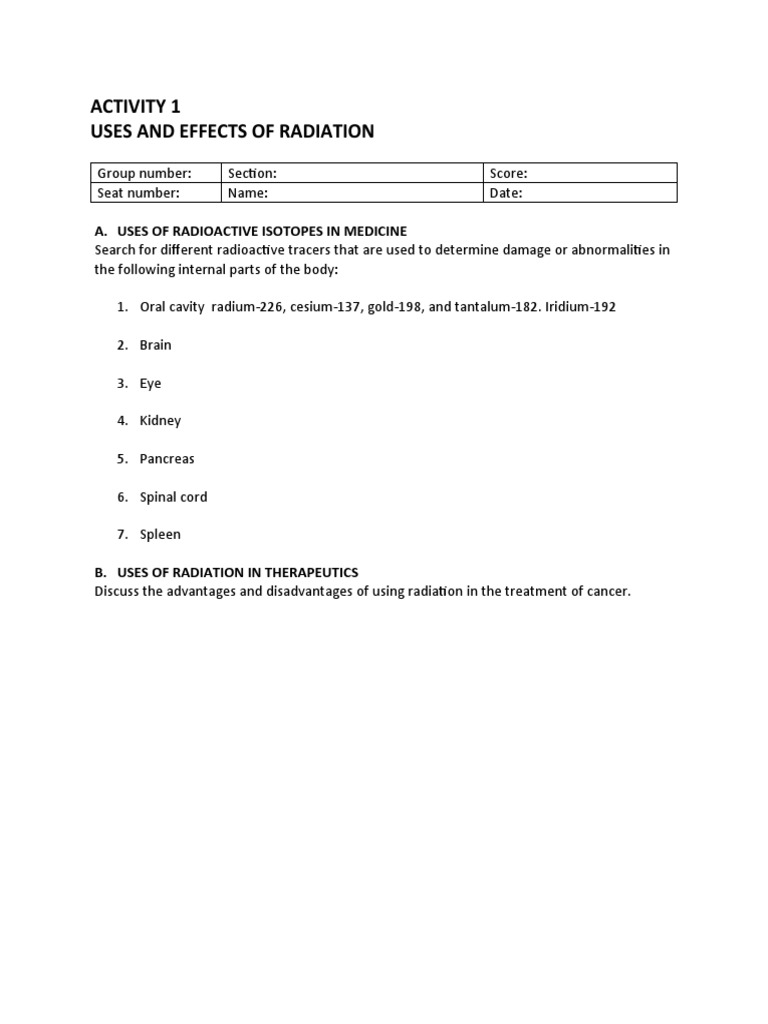 Activity 1 Uses and Effects of Radiation | PDF