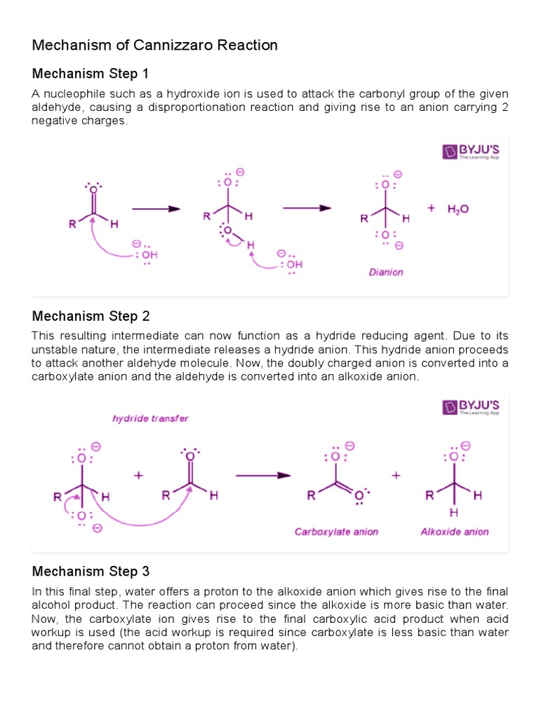 Cannizzaro Reaction - Mechanism, Examples With Illustrations | PDF