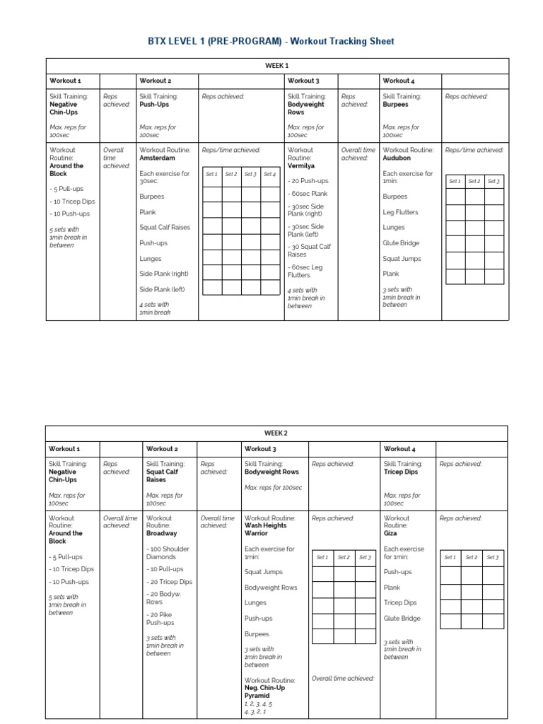 BTX LEVEL 1 (PRE-PROGRAM) - Workout Tracking Sheet: Week 1 Workout 1 ...