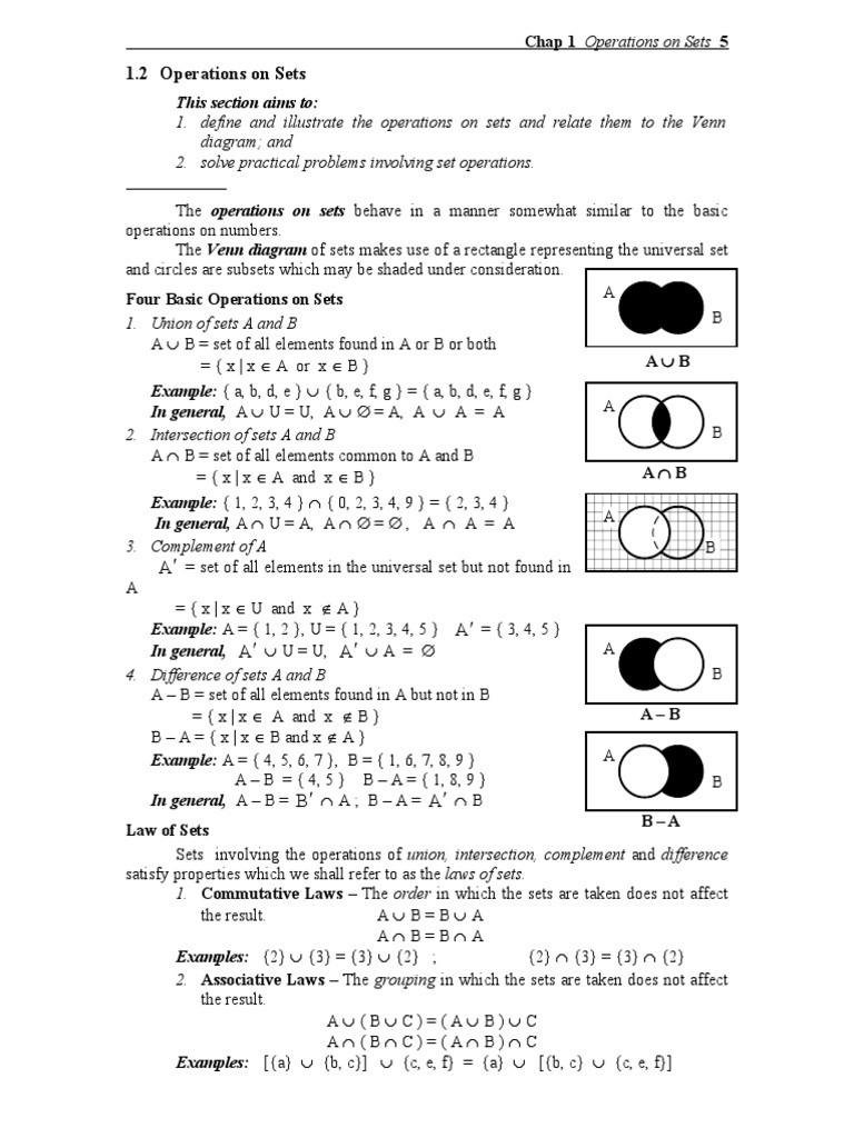 Four Basic Operations On Sets | PDF | Set (Mathematics) | Mathematical ...