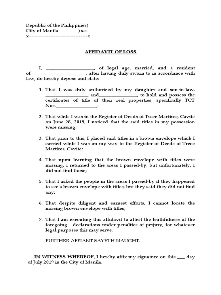 Affidavit of loss-title-TEMPLATE | PDF
