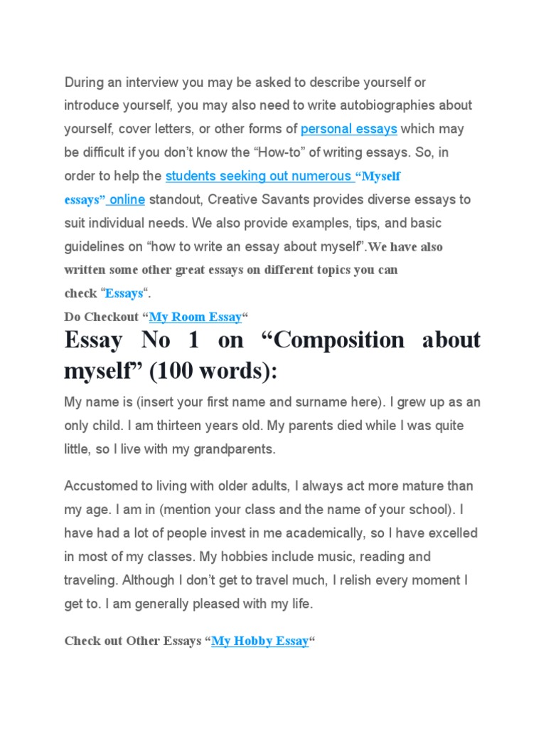 Essay No 1 On "Composition About Myself" (100 Words) | PDF