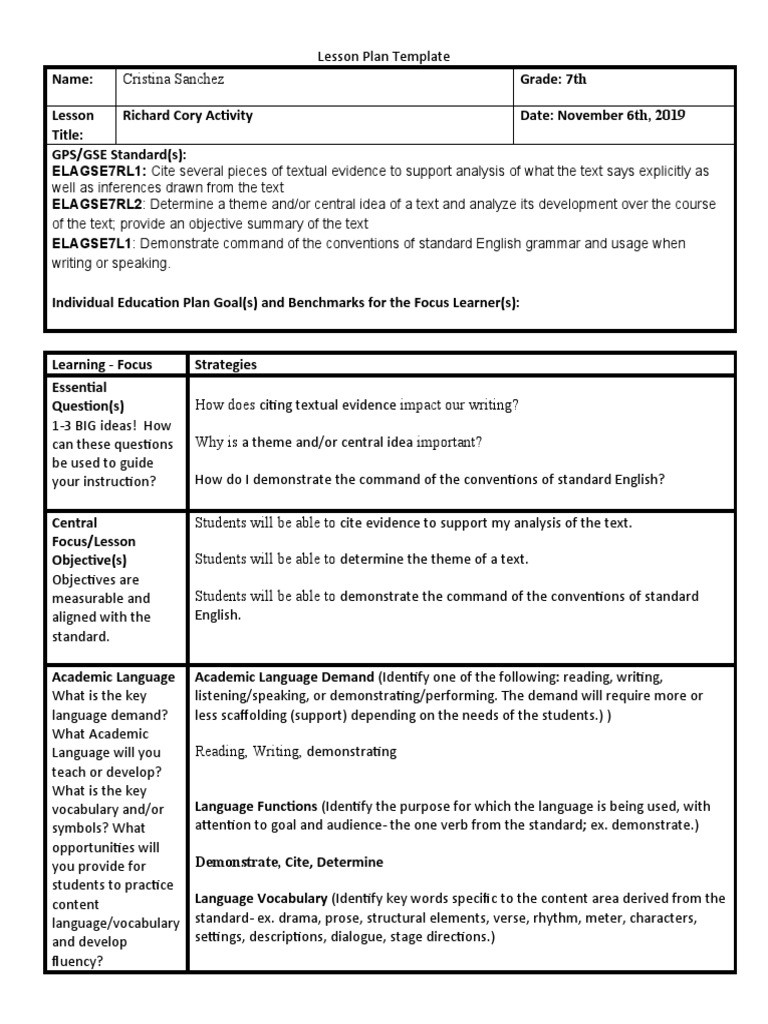 Richard Cory Co-Plan Lesson Plan | PDF | Educational Assessment ...