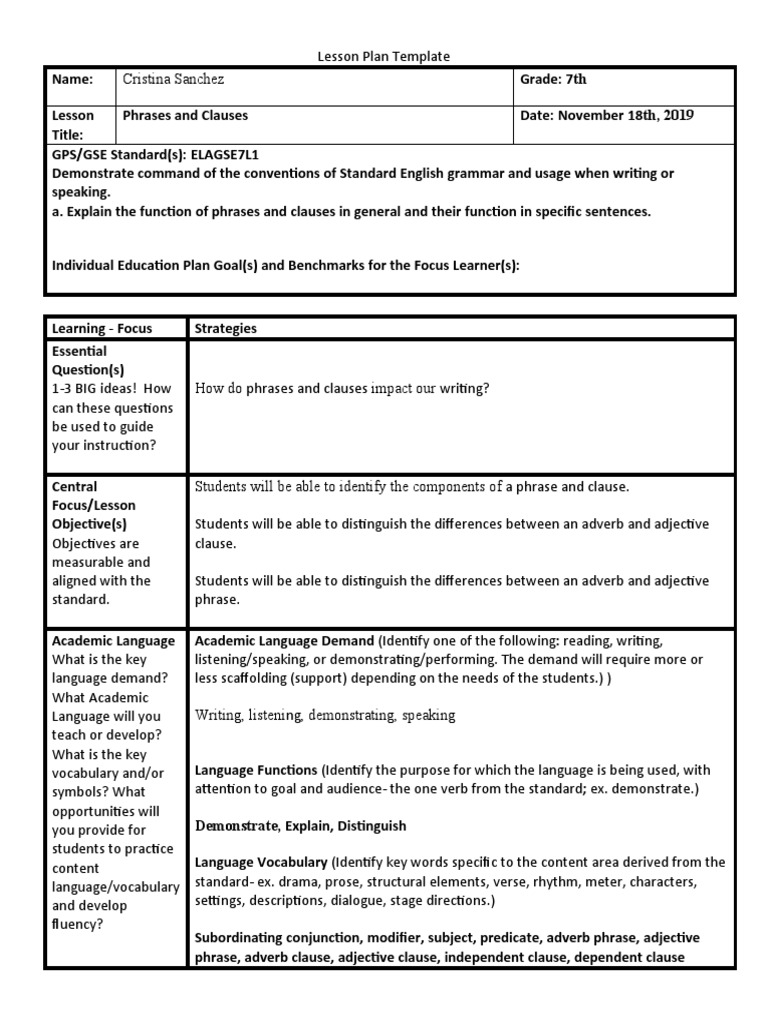Phrases and Clauses Solo Lesson Plan | PDF | Clause | Phrase