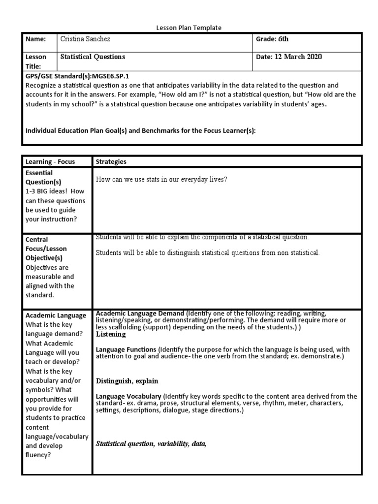 Statistical Questions Lesson Plan | PDF | Educational Assessment | Question
