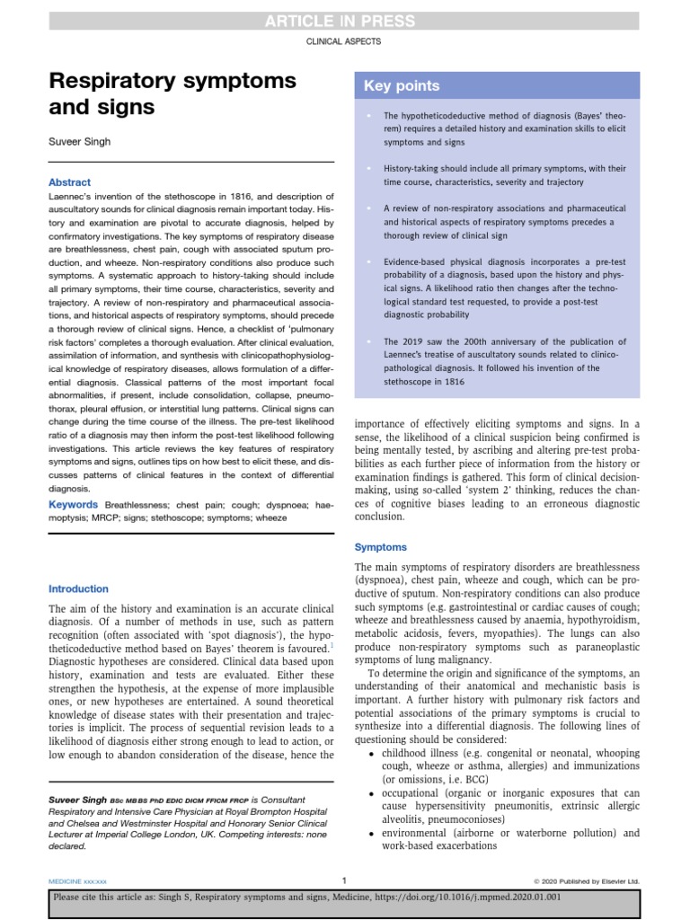 Respiratory Symptoms and Signs: Key Points | PDF | Cough | Respiratory ...