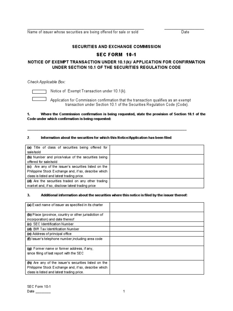 SEC - Form 10.1 - Notice of Exempt Transactions PDF | PDF | Securities ...