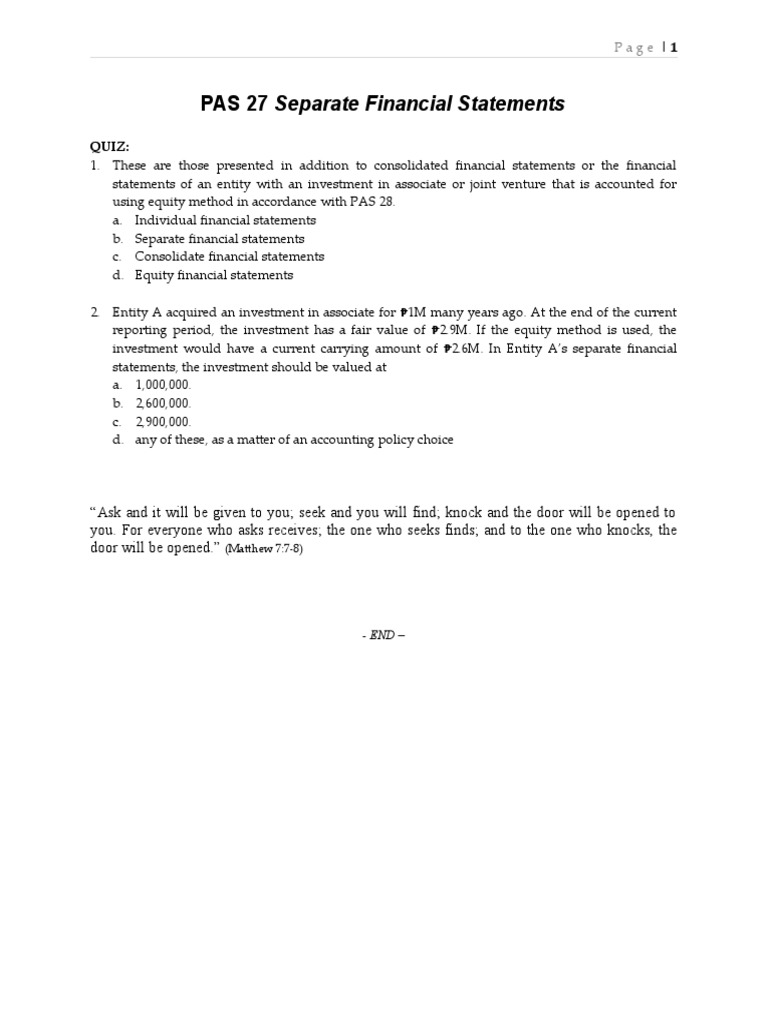 PAS 27 Separate Financial Statements: Quiz | PDF