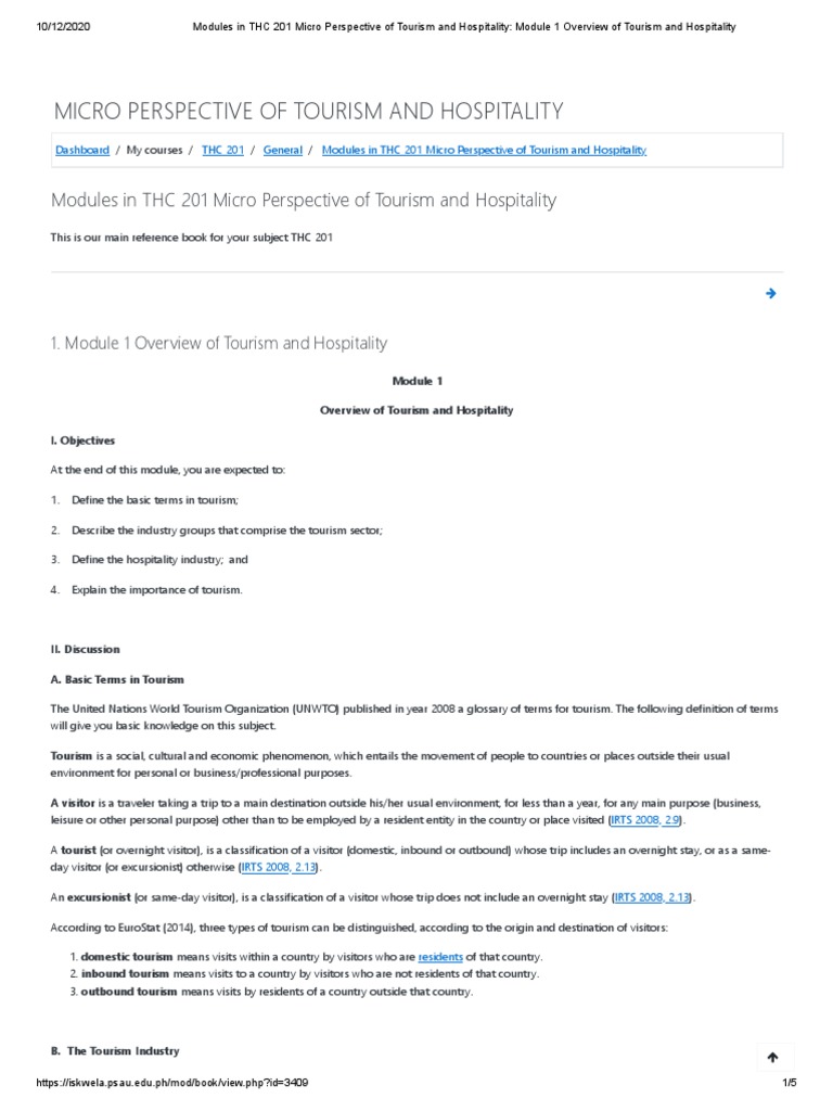 Modules in THC 201 Micro Perspective of Tourism and Hospitality - Module 1 Overview of Tourism ...