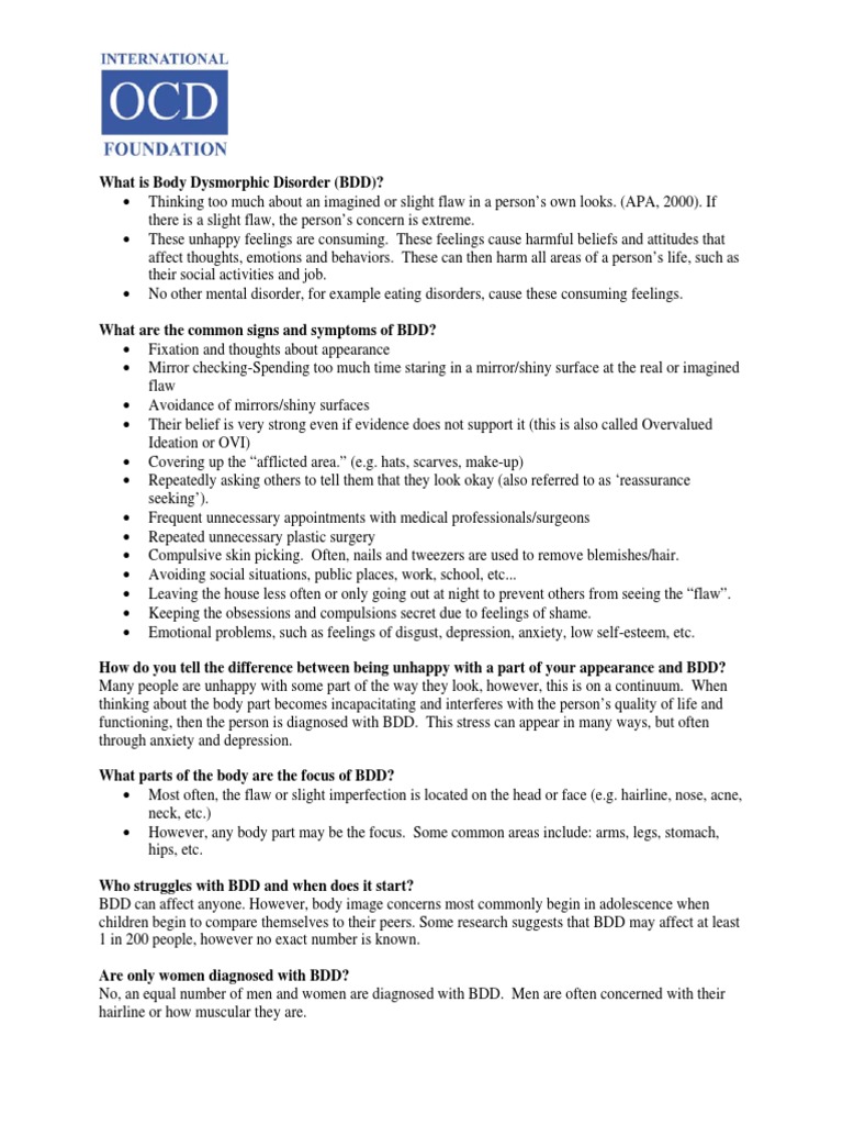 BDD Fact Sheet | PDF | Obsessive–Compulsive Disorder | Cognitive Behavioral Therapy