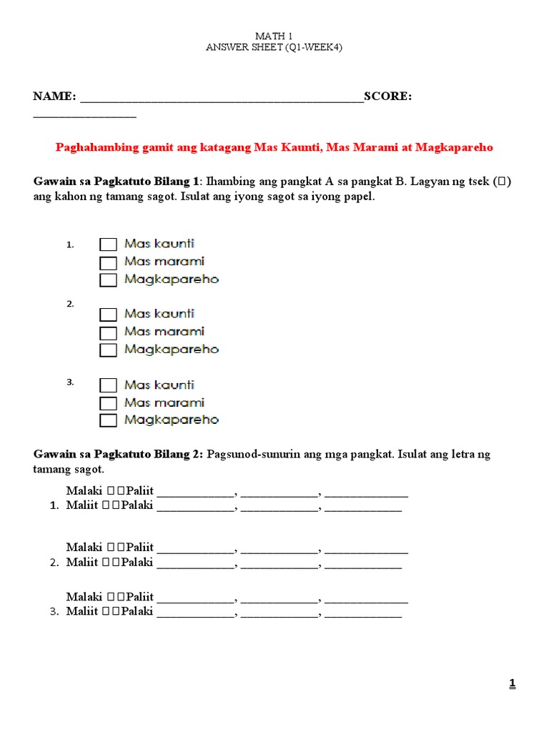 Answersheet Math1 Q1 W4 Pdf