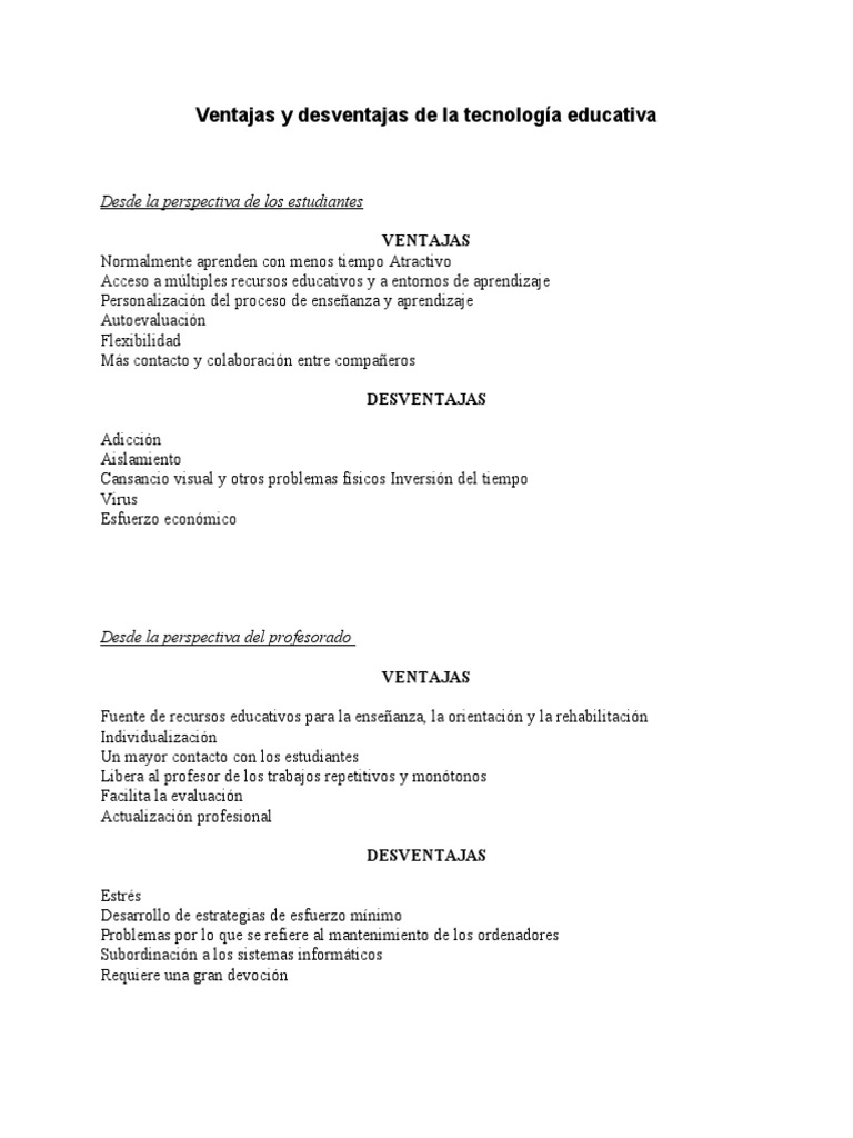 Ventajas y desventajas de la tecnología educativa | PDF | Tecnologia ...