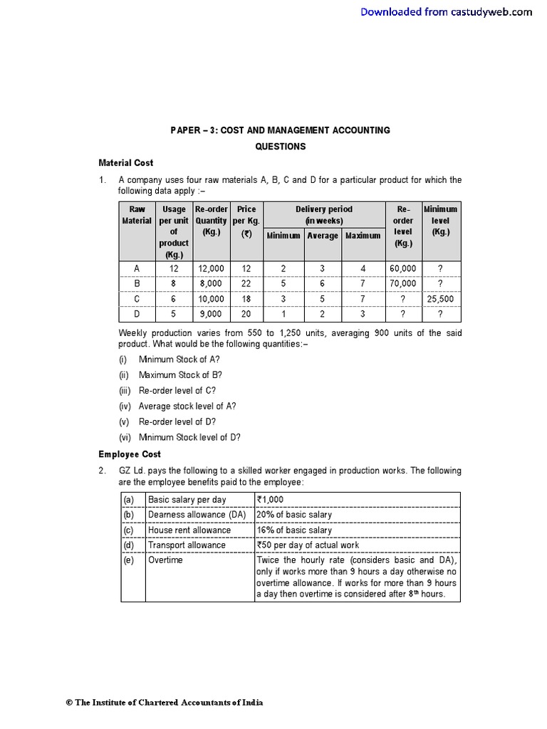 Paper - 3: Cost and Management Accounting Questions Material Cost | PDF | Business Economics ...