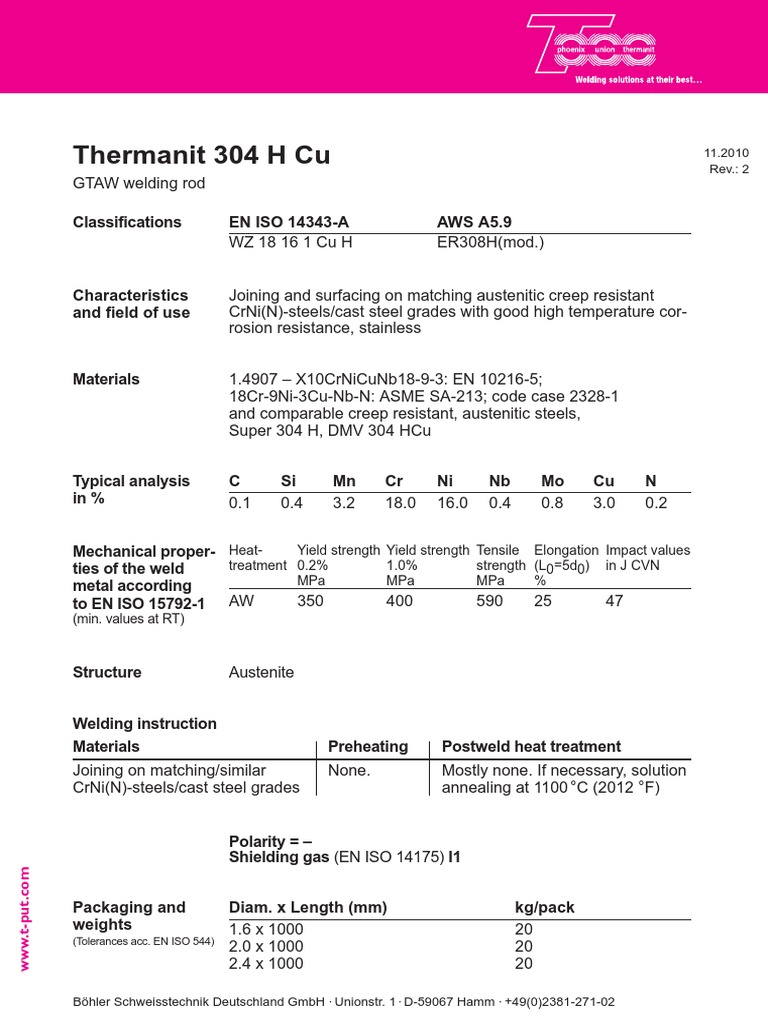 Thermanit 304 H Cu Welding Guide | PDF | Stainless Steel | Applied And ...