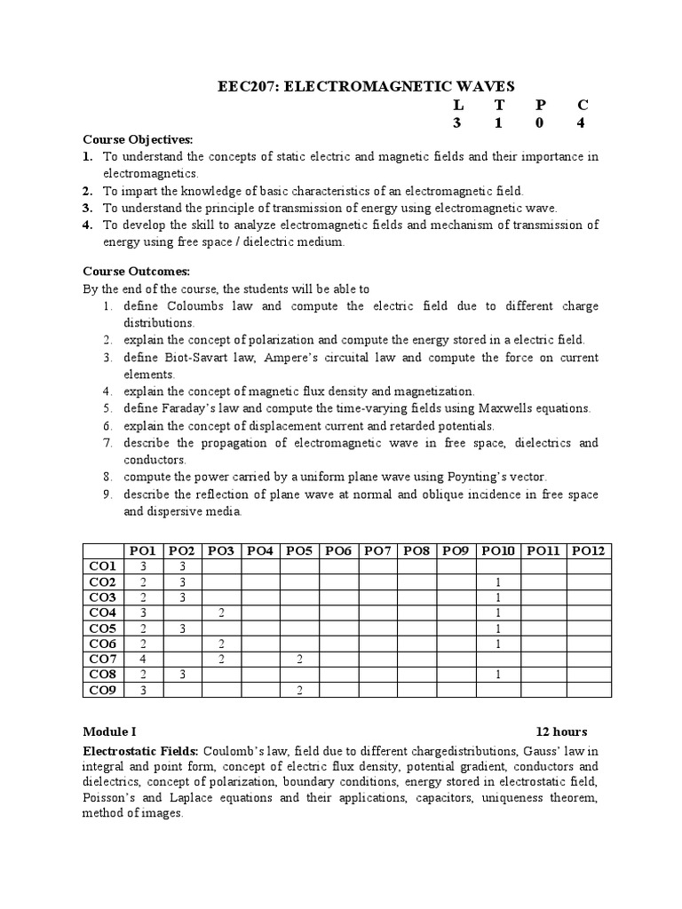 Eec207: Electromagnetic Waves L T P C 3 1 0 4 | PDF | Electric Field ...