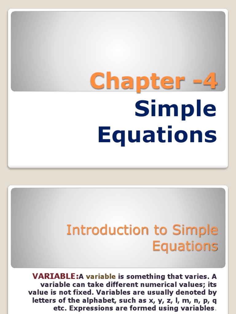 Chapter - 4: Simple Equations | PDF | Variable (Mathematics) | Equations