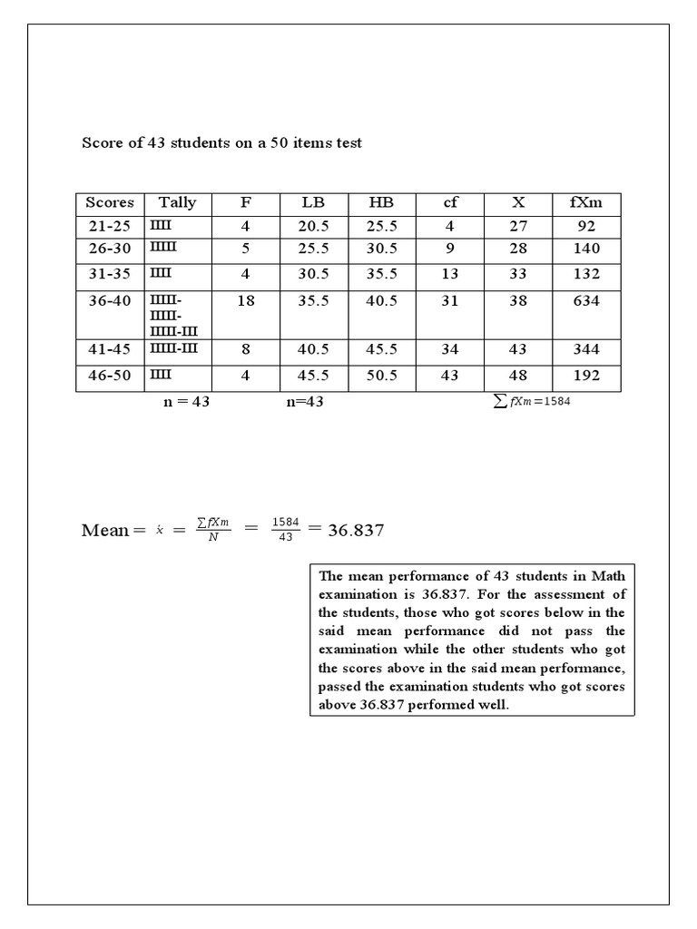 Score of 43 Students On A 50 Items Test: Mean 36.837 | PDF ...
