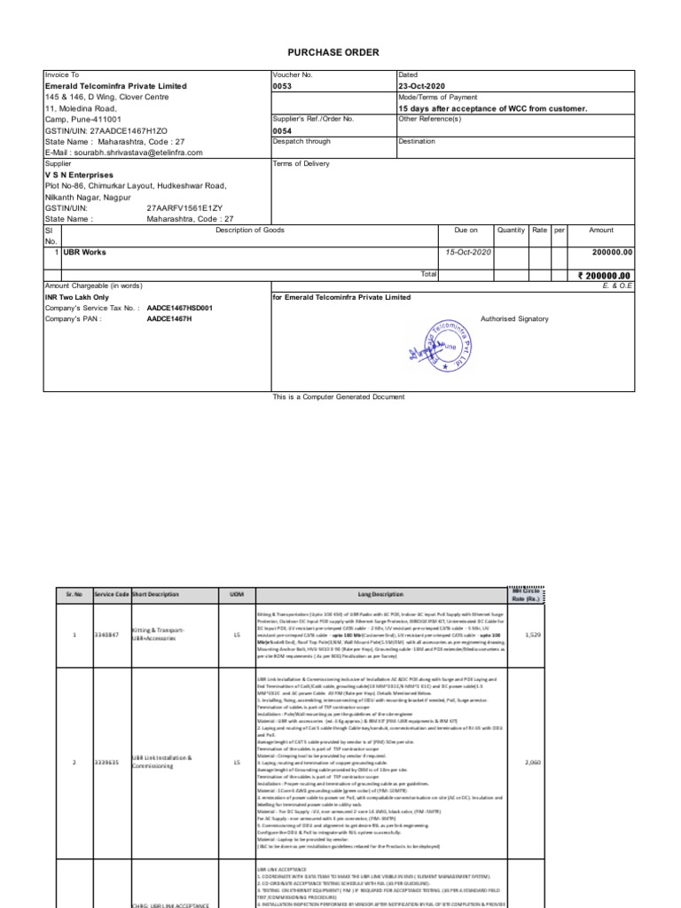 Purchase Order: Emerald Telcominfra Private Limited 0053 23-Oct-2020 ...