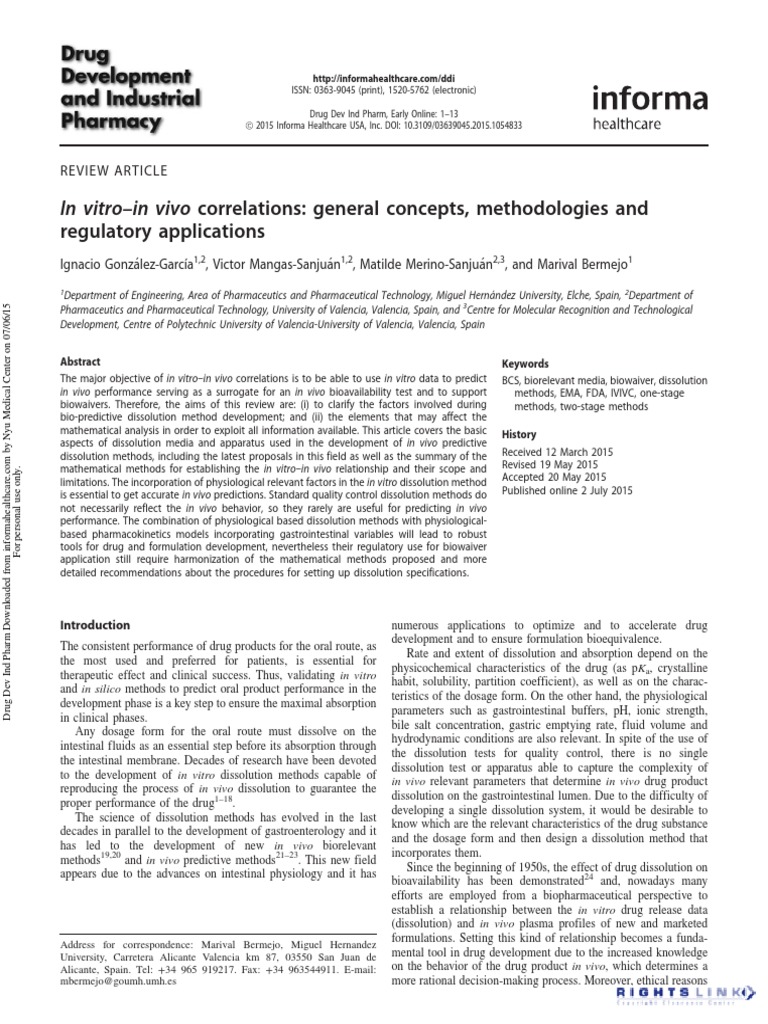 Invitro Invivo Coreelation | PDF | Pharmaceutical Formulation | Pharmacy
