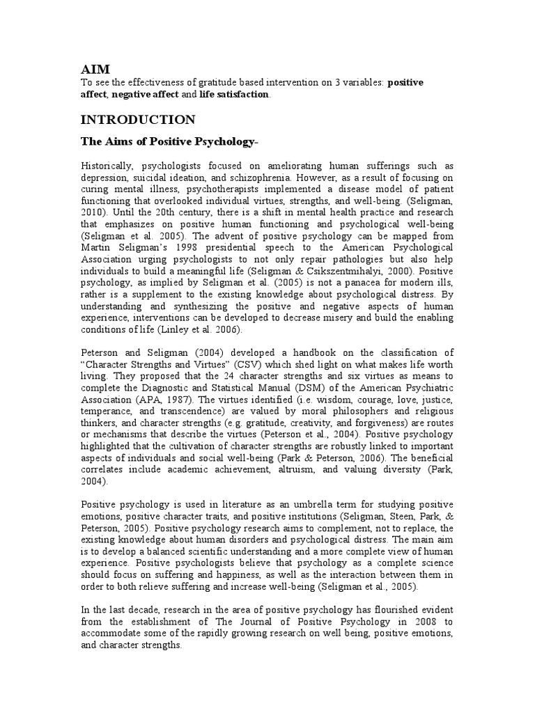 The Aims of Positive Psychology-: Affect, Negative Affect and Life ...
