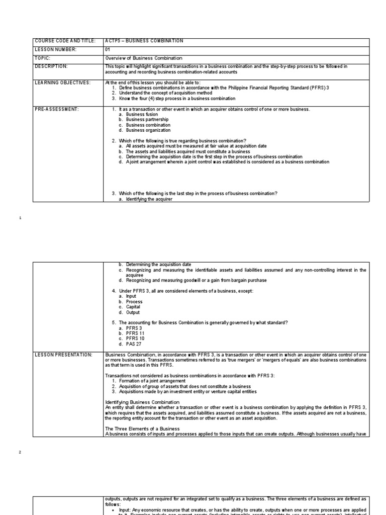 Course Code and Title: Actp5 - Business Combination Lesson Number: 01 ...