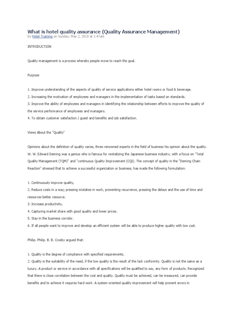 What Is Hotel Quality Assurance | PDF | Quality (Business) | Quality ...