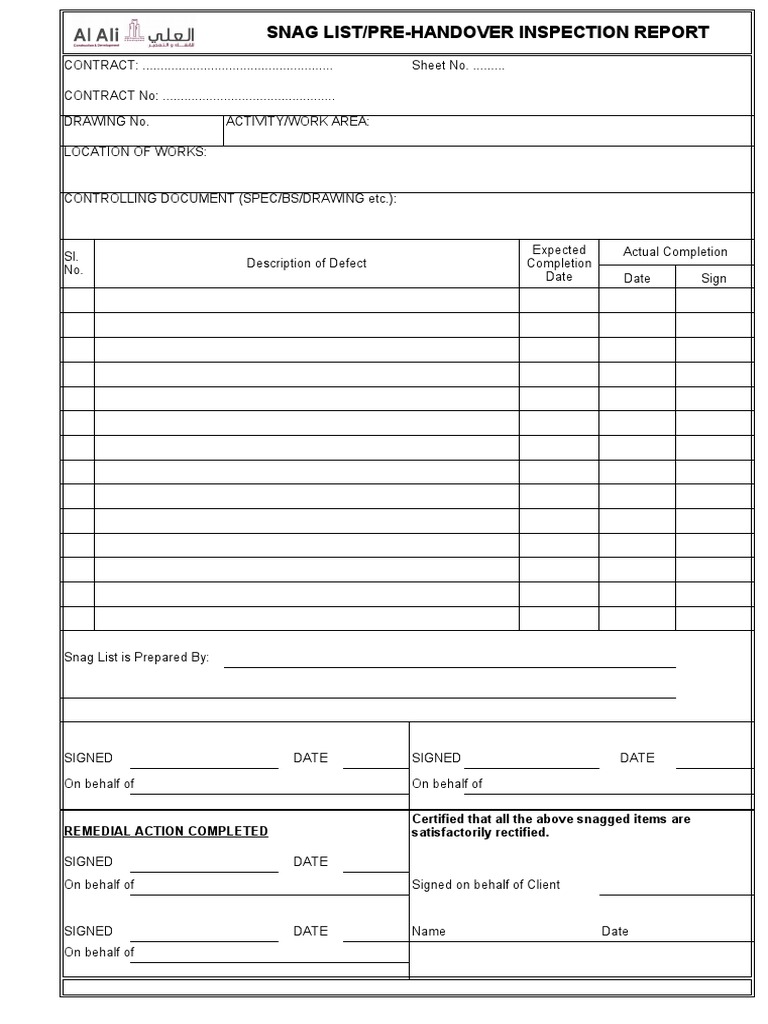 Snag List-Pre-Handover Inspection Report | PDF
