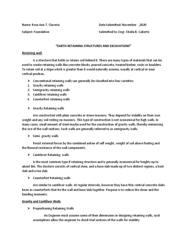 "Earth Retaining Structures and Excavations" Retaining Wall | Download ...