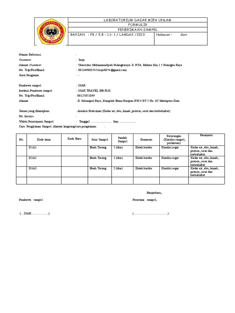 Form Penerimaan Sampel | PDF