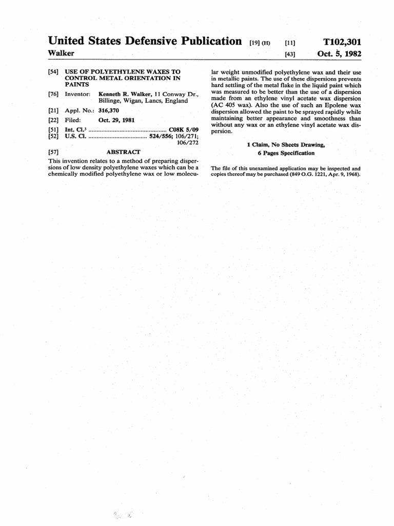 United States Defensive Publication (19101) (111: Walker | PDF