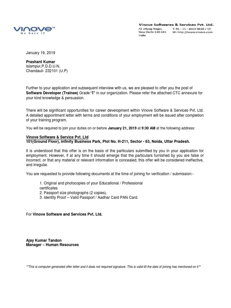 Vinove Software Offer Letter - No Signature Required | PDF | Career ...