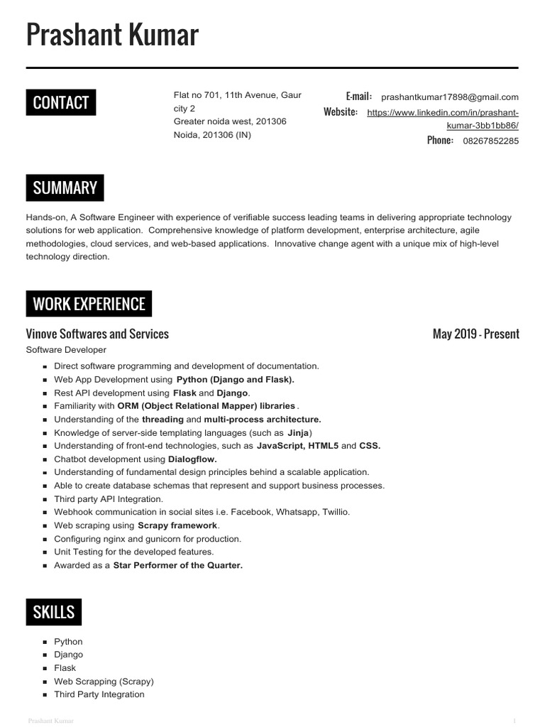 Resume of Prashant Kumar highlighting his experience as a Software ...