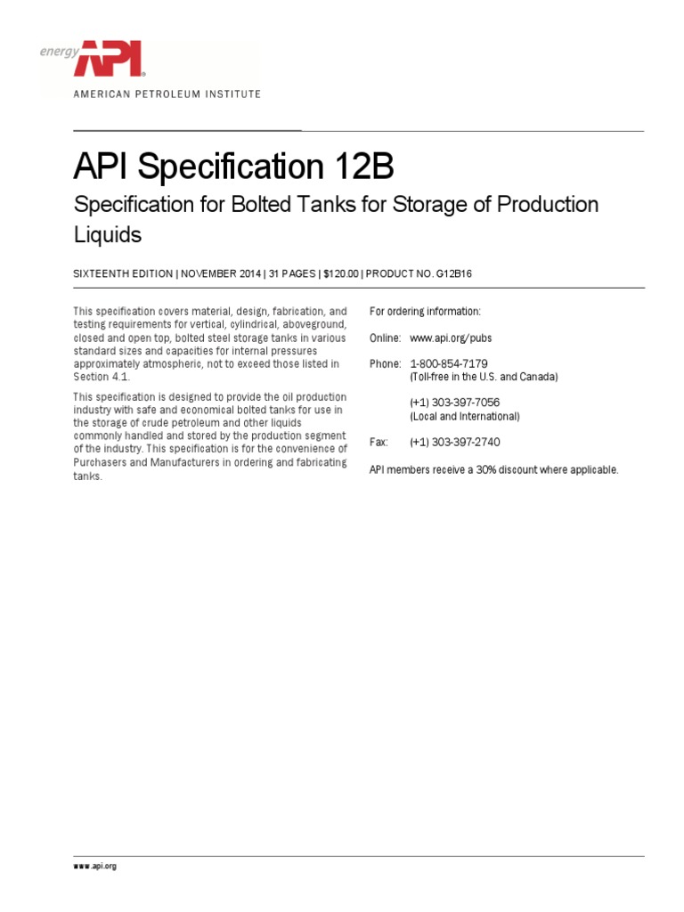 API Specification 12B: Specification For Bolted Tanks For Storage of ...