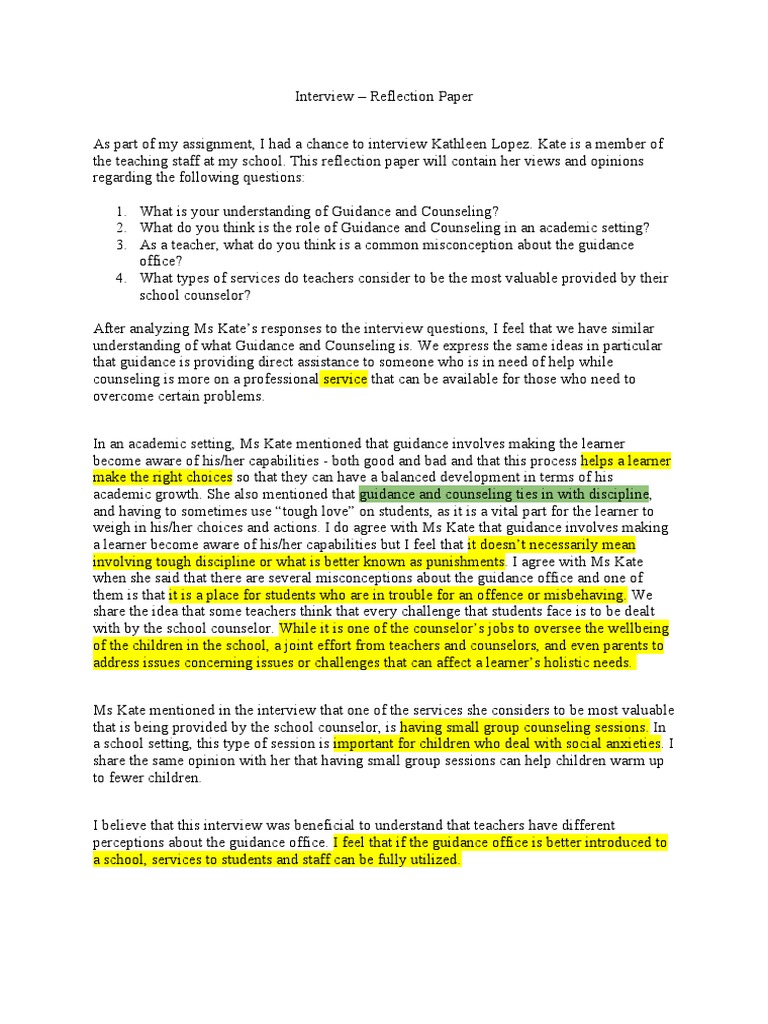 Interview - Reflection Paper | PDF | School Counselor | Educational ...