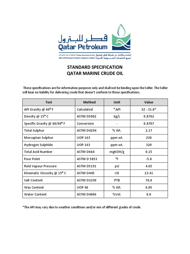 QATAR MARINE CRUDE OIL SPECIFICATIONS | PDF