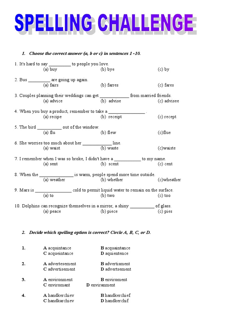 Spelling and Grammar Practice: Choosing Correct Answers in Sentences ...