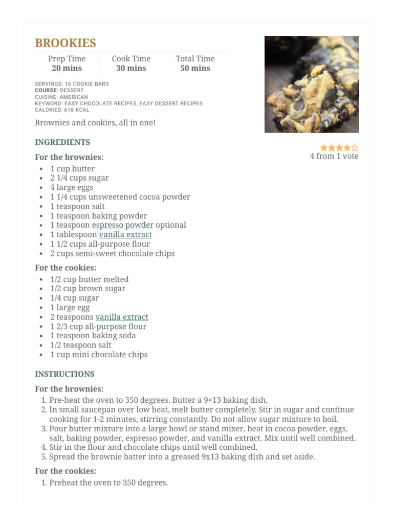 Brookies: 20 Mins 30 Mins 50 Mins | PDF | Nutrition Facts Label | Chocolate