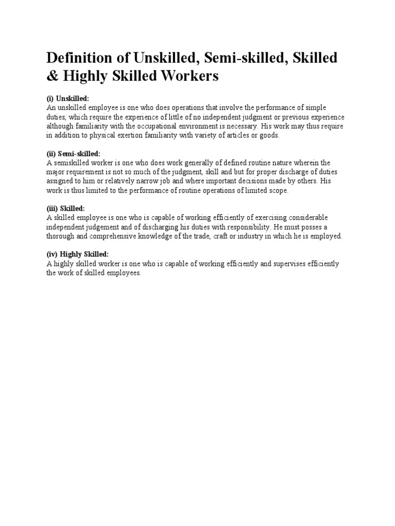 Definition of Unskilled, Semi-Skilled, Skilled & Highly Skilled Workers ...