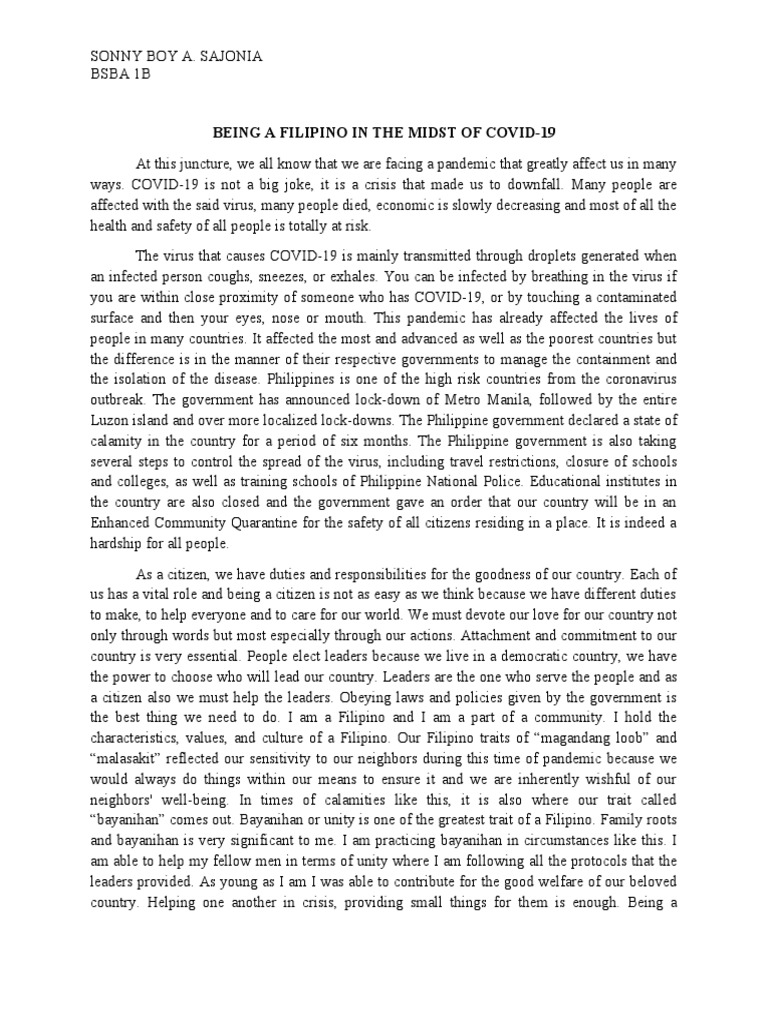 Reflection - Sonny Boy A. Sajonia - Bsba 1B | PDF | Disaster And Accident | Wellness